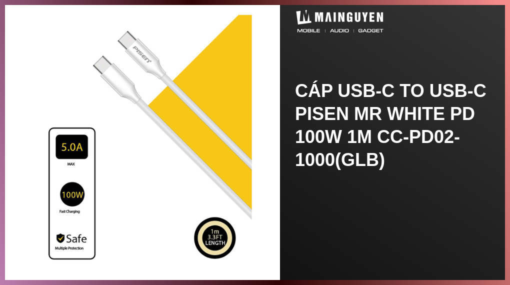 Cáp USB-C to USB-C Pisen Mr White PD 100W 1m CC-PD02-1000(GLB)(A56985) | mainguyen.vn