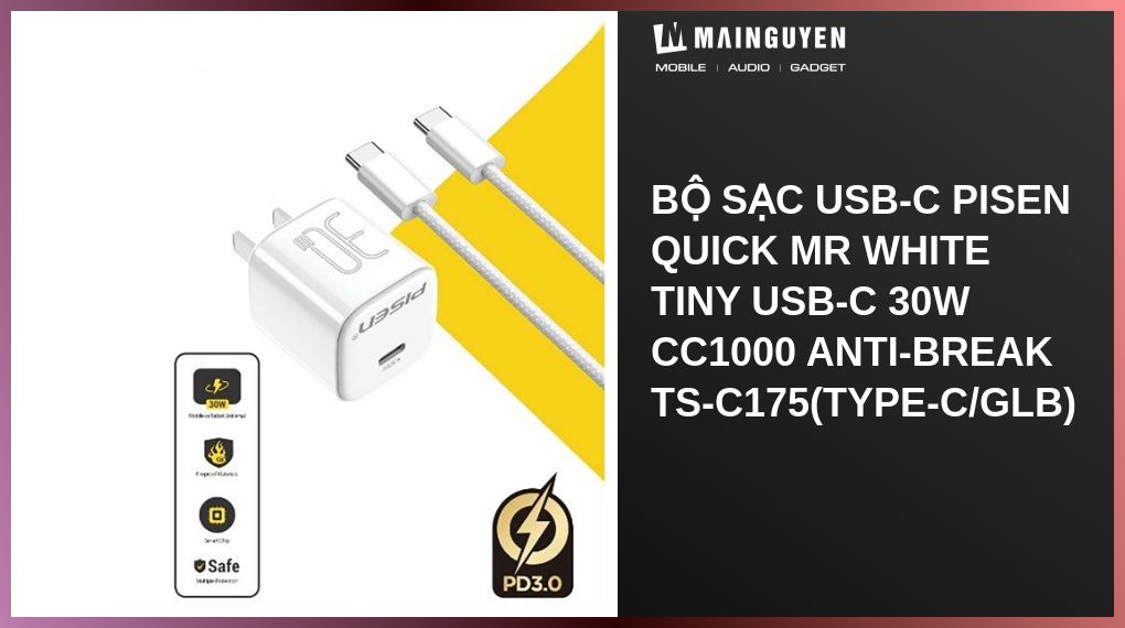 Bộ sạc USB-C Pisen Quick Mr White Tiny USB-C 30W CC1000 Anti-break TS-C175(Type-C/GLB)(A57950 ...