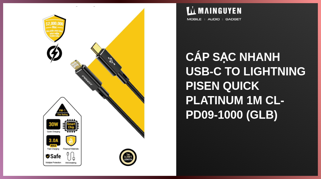 Cáp sạc nhanh USB-C to Lightning Pisen Quick Platinum 1m CL-PD09-1000 (GLB)(A60922) | mainguyen.vn