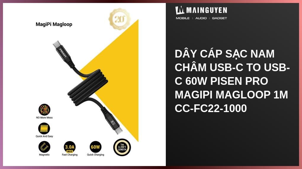 Dây cáp sạc nam châm USB-C to USB-C 60W Pisen Pro MagiPi Magloop 1m CC-FC22-1000(A61586 ...