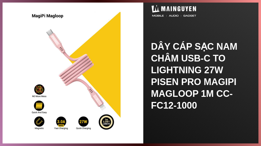 Dây cáp sạc nam châm USB-C to Lightning 27W Pisen Pro MagiPi Magloop 1m CC-FC12-1000(A61590 ...